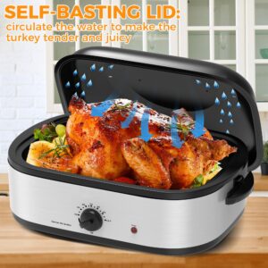 14 Quart Roaster Oven with Self-Basting Lid, Turkey Roasting Pan with Removable Roasting Rack, Turkey Defrost & Warm Function, Adjustable Temperature, Stainless Steel, Silver