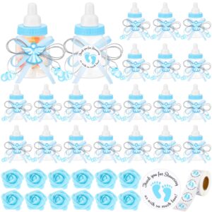 vesici 61 pcs boy baby shower party favors set, 48 plastic mini angel baby bottles with 1 roll thanks sticker 12 artificial roses for newborn baptism baby shower party decorations gift for guests