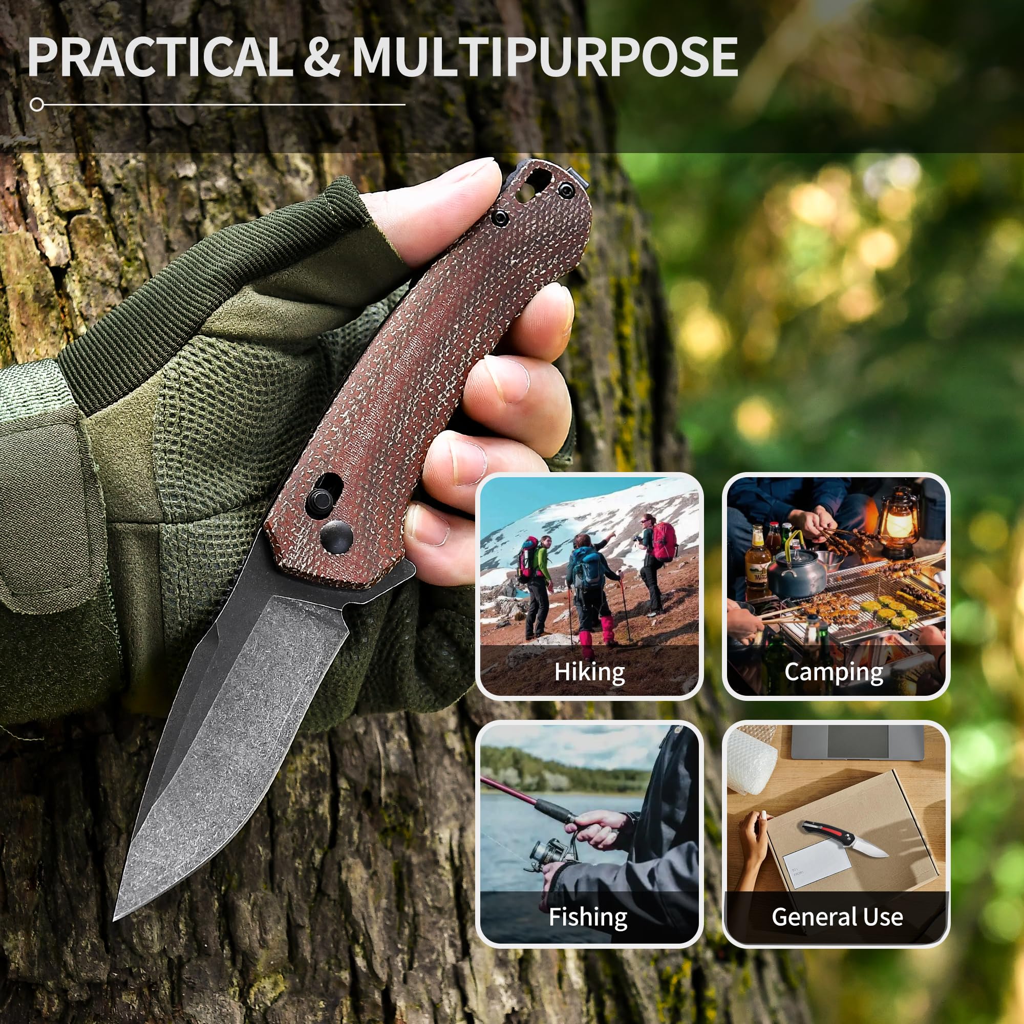 Cohesion Pocket Knives & Folding Knives - D2 Steel Blade Micarta Handle Reversible Pocket Clip, EDC Knife for Camping