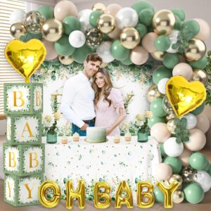 Gender Neutral Sage Green Baby Shower Decoration for Boy Girl Gender Reveal Safari Baby Shower Decor Supplies Baby Box with Letters Oh Baby Backdrop Tablecloth Balloon Garland Arch Kit (01)