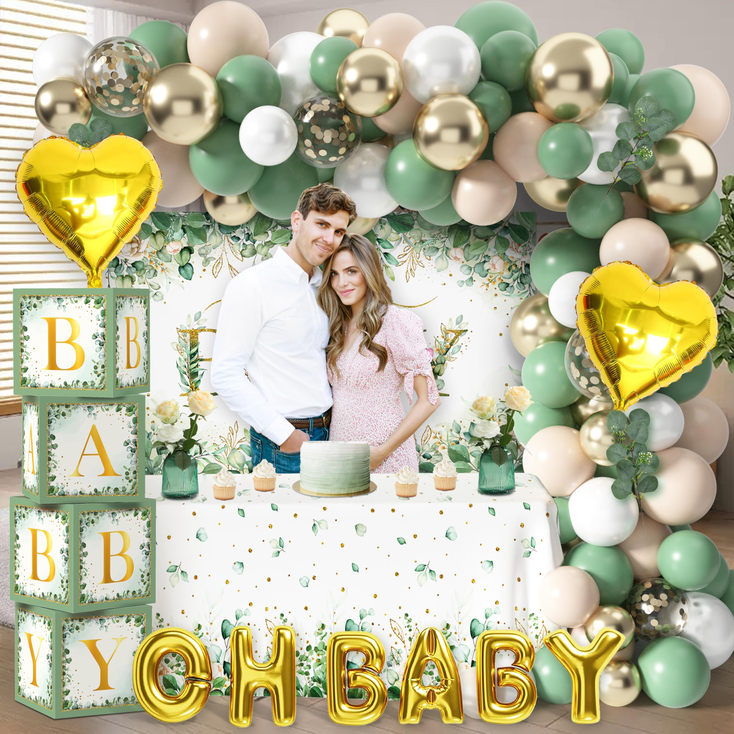 Gender Neutral Sage Green Baby Shower Decoration for Boy Girl Gender Reveal Safari Baby Shower Decor Supplies Baby Box with Letters Oh Baby Backdrop Tablecloth Balloon Garland Arch Kit (01)