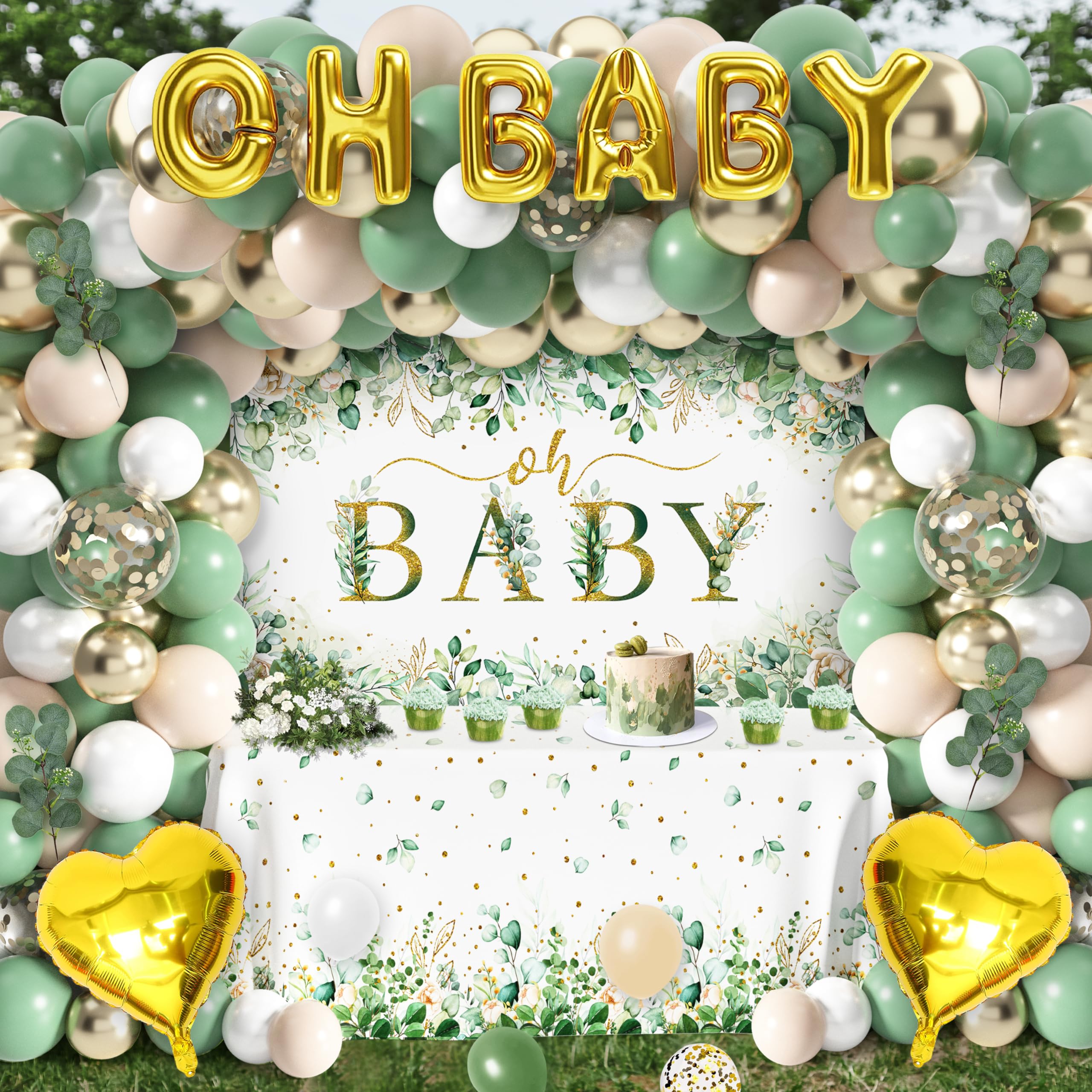 Gender Neutral Sage Green Baby Shower Decoration for Boy Girl Gender Reveal Safari Baby Shower Decor Supplies Baby Box with Letters Oh Baby Backdrop Tablecloth Balloon Garland Arch Kit (01)