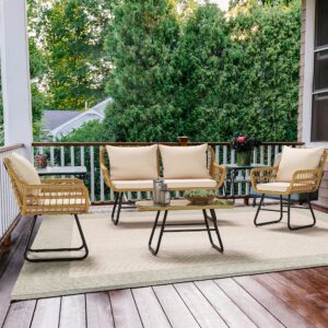 yitahome patio furniture wicker outdoor bistro set, 4-piece all weather patio furniture rattan conversation loveseat sets for backyard, balcony and deck, light brown+beige