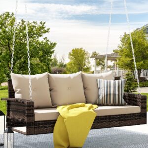 dwvo 3 seats porch swing hanging bench swing outdoor wicker patio swing lounge front rattan swing 794lbs for garden, balcony, brown&beige