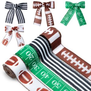 h1vojoxo football wired edge ribbon - 4 rolls 24 yards brown green football burlap ribbon for football game, rugby pastel wired ribbon for bow wreaths, football theme fabric ribbon for diy craft