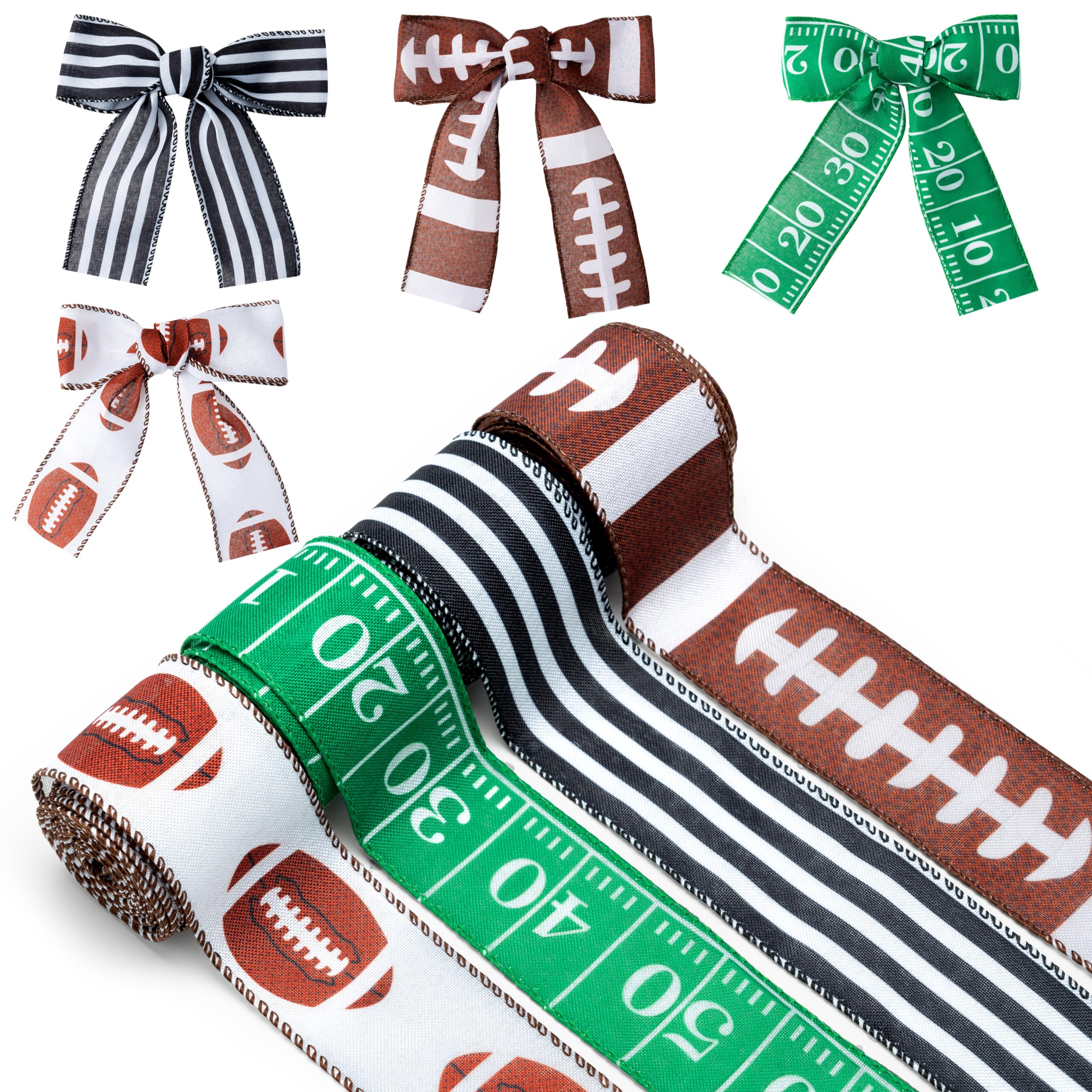 H1vojoxo Football Wired Edge Ribbon - 4 Rolls 24 Yards Brown Green Football Burlap Ribbon for Football Game, Rugby Pastel Wired Ribbon for Bow Wreaths, Football Theme Fabric Ribbon for DIY Craft