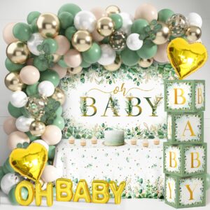 gender neutral sage green baby shower decoration for boy girl gender reveal safari baby shower decor supplies baby box with letters oh baby backdrop tablecloth balloon garland arch kit (01)