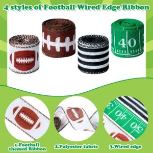 H1vojoxo Football Wired Edge Ribbon - 4 Rolls 24 Yards Brown Green Football Burlap Ribbon for Football Game, Rugby Pastel Wired Ribbon for Bow Wreaths, Football Theme Fabric Ribbon for DIY Craft