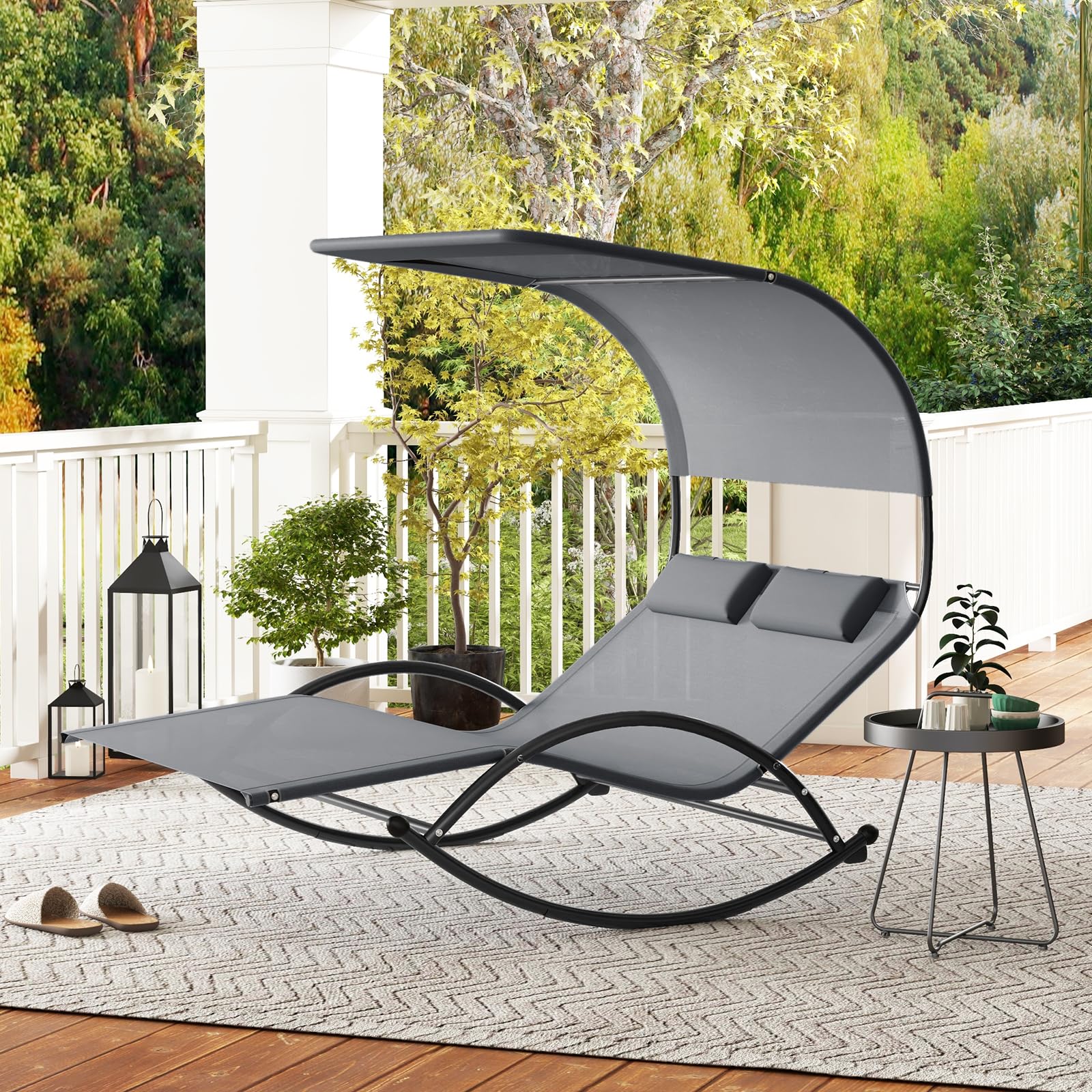 HAPPYGRILL Outdoor Chaise Lounge Rocker, 2-Person Rocking Daybed Sun Lounger with Sun Shade Canopy & Headrest Pillows, Hammock Bed Loveseat with Heavy-Duty Metal Frame for Patio, Backyard, Poolside