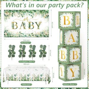 Gender Neutral Sage Green Baby Shower Decoration for Boy Girl Gender Reveal Safari Baby Shower Decor Supplies Baby Box with Letters Oh Baby Backdrop Tablecloth Balloon Garland Arch Kit (01)