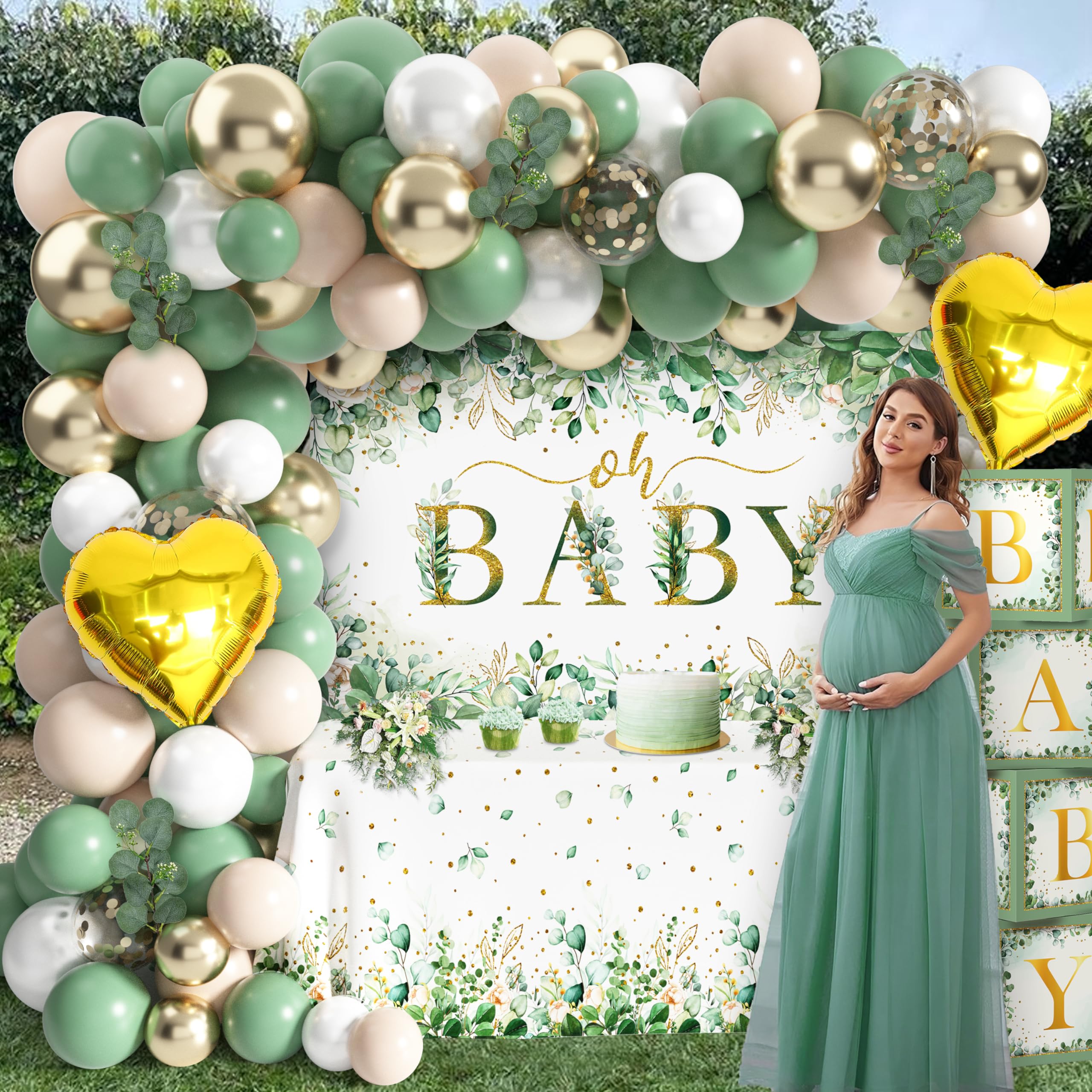 Gender Neutral Sage Green Baby Shower Decoration for Boy Girl Gender Reveal Safari Baby Shower Decor Supplies Baby Box with Letters Oh Baby Backdrop Tablecloth Balloon Garland Arch Kit (01)