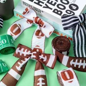 H1vojoxo Football Wired Edge Ribbon - 4 Rolls 24 Yards Brown Green Football Burlap Ribbon for Football Game, Rugby Pastel Wired Ribbon for Bow Wreaths, Football Theme Fabric Ribbon for DIY Craft