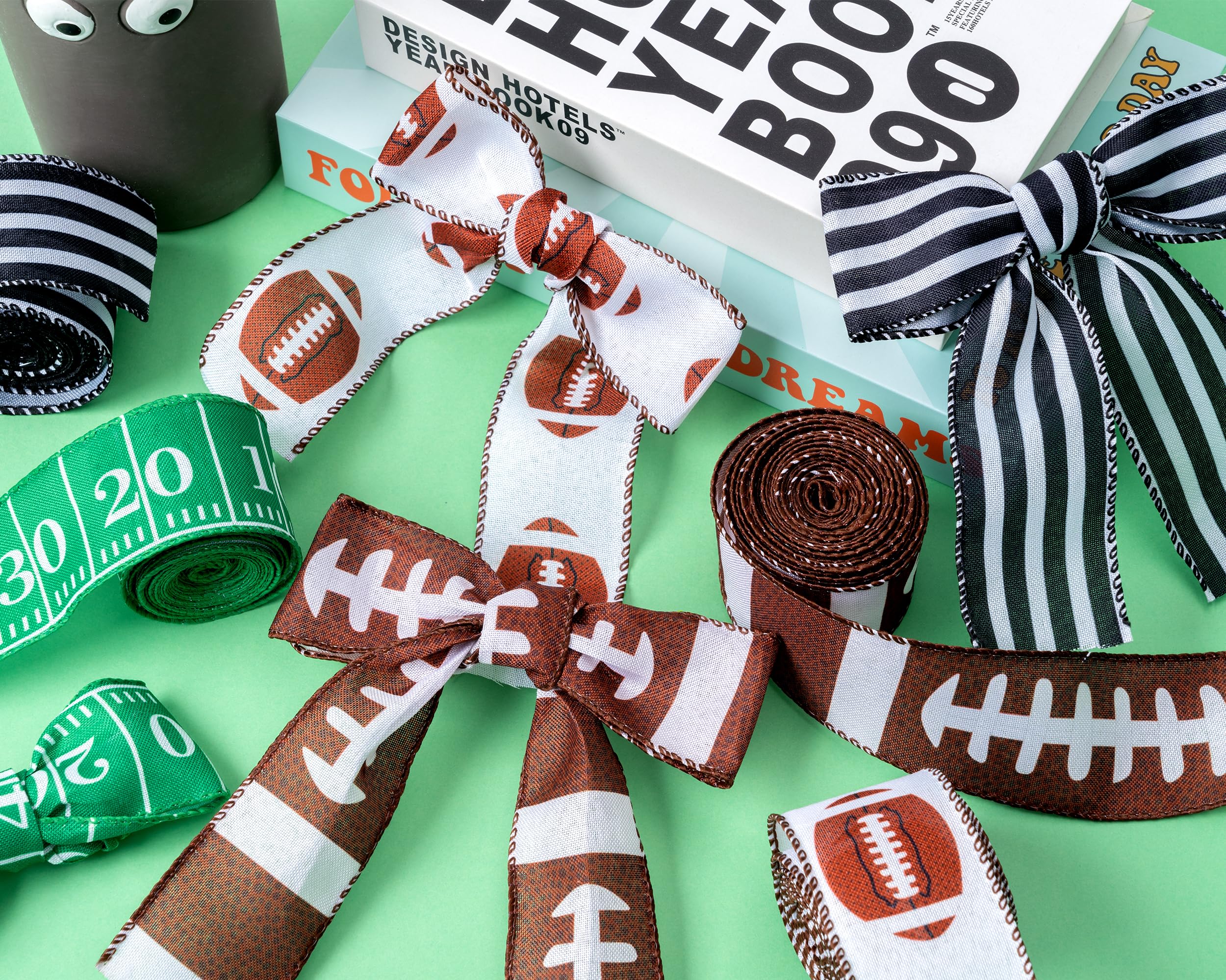 H1vojoxo Football Wired Edge Ribbon - 4 Rolls 24 Yards Brown Green Football Burlap Ribbon for Football Game, Rugby Pastel Wired Ribbon for Bow Wreaths, Football Theme Fabric Ribbon for DIY Craft