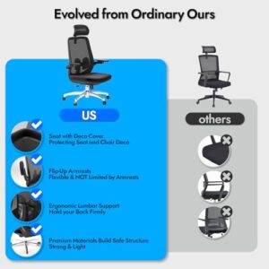 LarkLeaves Big and Tall Office Chair, High Back Desk Chair with Flip-Up Arms, Home Office Chair with Adjustable Lumbar Support and Headrest, Ergonomic Office Chair with Thick Cushion for Long Hours