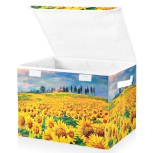 digtia storage bins with lids oil painting sunflower meadow foldable storage boxes with handles vintage yellow floral large storage basket collapsible organizer containers for closet home bedroom off