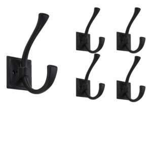 zauyx large wall hooks 5 pack matte black coat hooks hardware towel hooks for hanging coats 4.35 inch double robe hooks wall mounted with screws for key, towel, bags, cup, hat