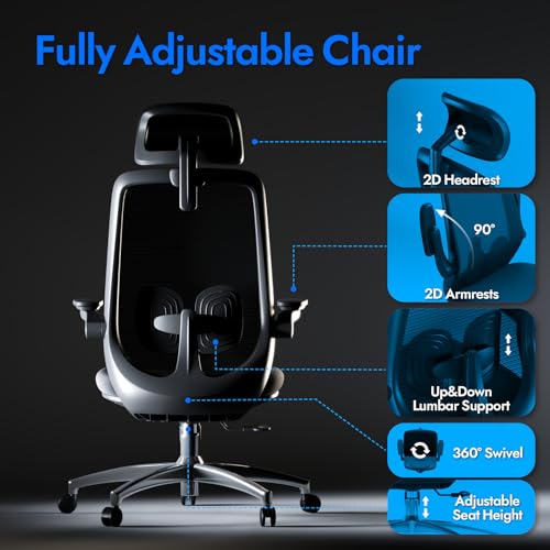 LarkLeaves Big and Tall Office Chair, High Back Desk Chair with Flip-Up Arms, Home Office Chair with Adjustable Lumbar Support and Headrest, Ergonomic Office Chair with Thick Cushion for Long Hours