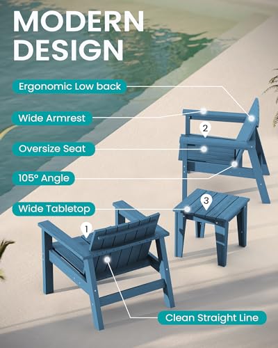 SERWALL Adirondack Chair Set, Includes Adirondack Chairs Set of 4 and 2 Piece Outdoor Side Table- Navy