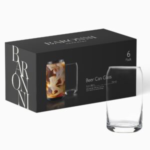 BARONNI Can Shaped Drinking Glasses for Iced Coffee & Tea - 16oz Clear Tumbler Drinkware - Set of 6 Cups for Soda, Water, Whiskey, Beer and Cocktails