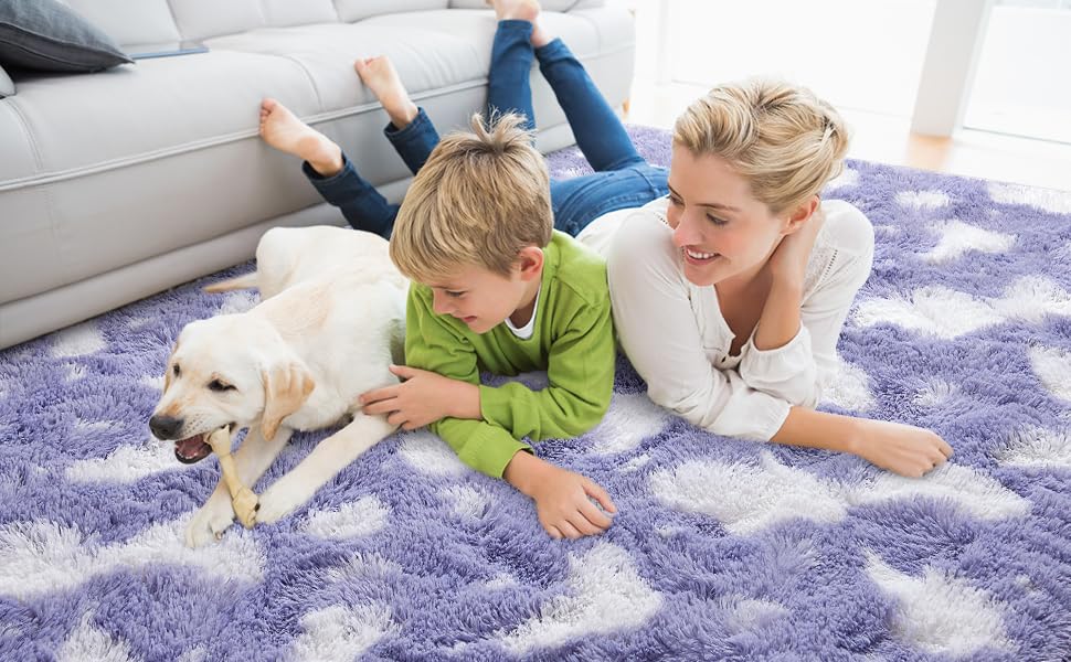 Litopyo Fluffy Bedroom Rug Carpet, 6x9 Ft Shaggy Area Rugs for Living Room, Kids Girls Room Rug, Non-Slip Indoor Plush Rug for Baby Boys Cute Nursery Rug Home Decor, Purple and White Rug