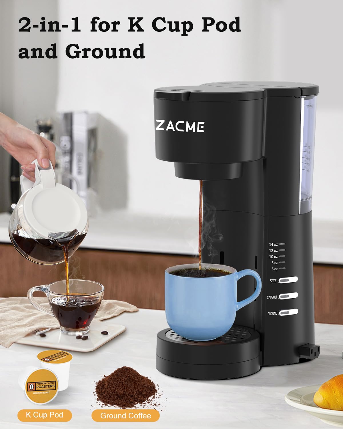 ZACME Single Serve Coffee Maker for K Cups&Ground Coffee with Milk Frother, 3 in 1 Small Single Cup Coffee Machine, 28oz Water Thank, 6 to 14 oz Brew Sizes