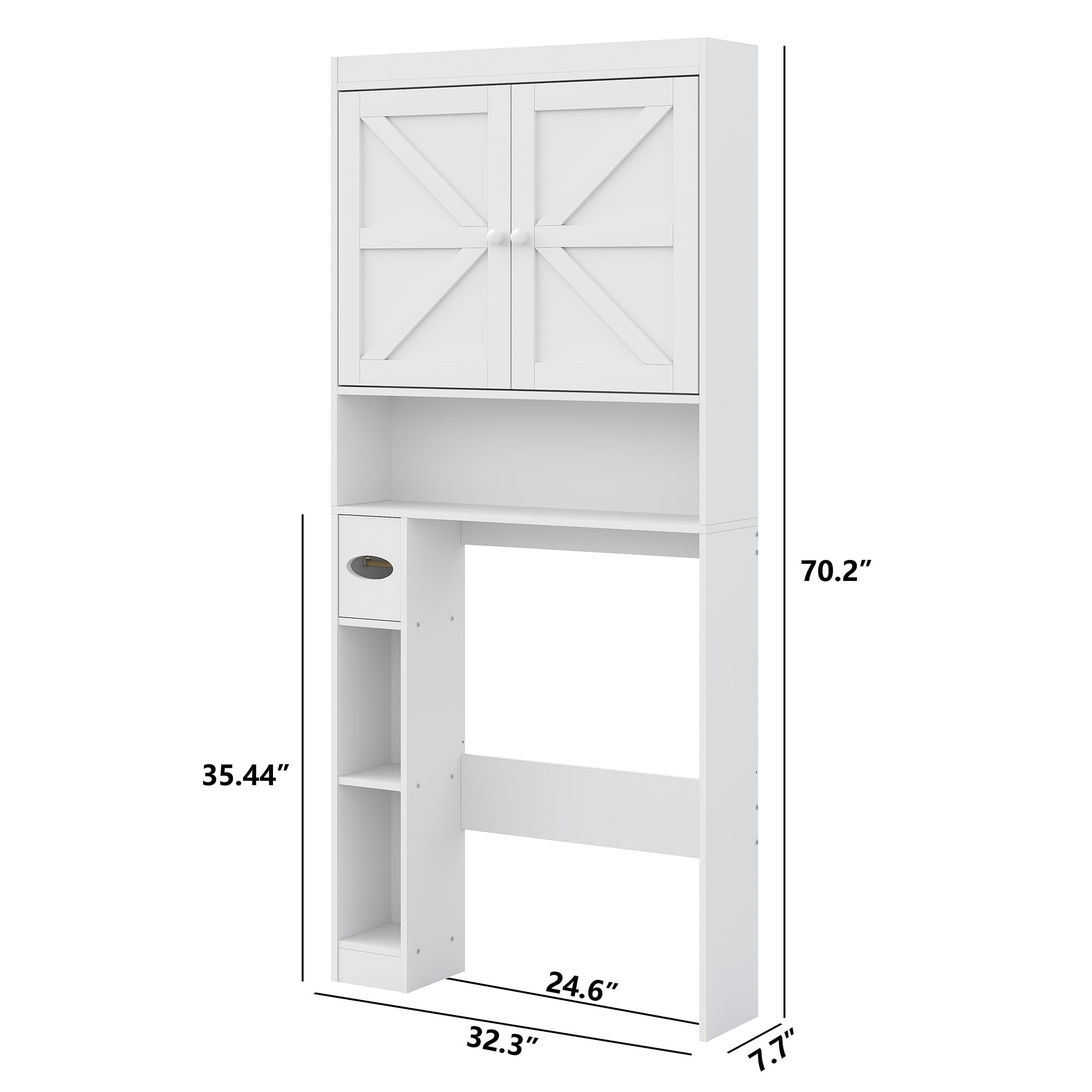 furomate Over The Toilet Storage Cabinet with Barn Doors, 32.3''W Free Standing Toilet Storage Shelf Space Saver with Adjustable Bottom Bar, White