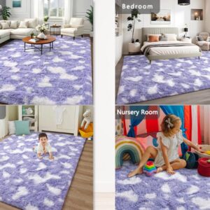 Litopyo Fluffy Bedroom Rug Carpet, 6x9 Ft Shaggy Area Rugs for Living Room, Kids Girls Room Rug, Non-Slip Indoor Plush Rug for Baby Boys Cute Nursery Rug Home Decor, Purple and White Rug