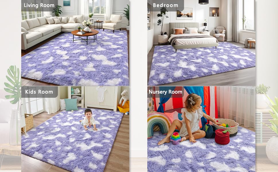 Litopyo Fluffy Bedroom Rug Carpet, 6x9 Ft Shaggy Area Rugs for Living Room, Kids Girls Room Rug, Non-Slip Indoor Plush Rug for Baby Boys Cute Nursery Rug Home Decor, Purple and White Rug