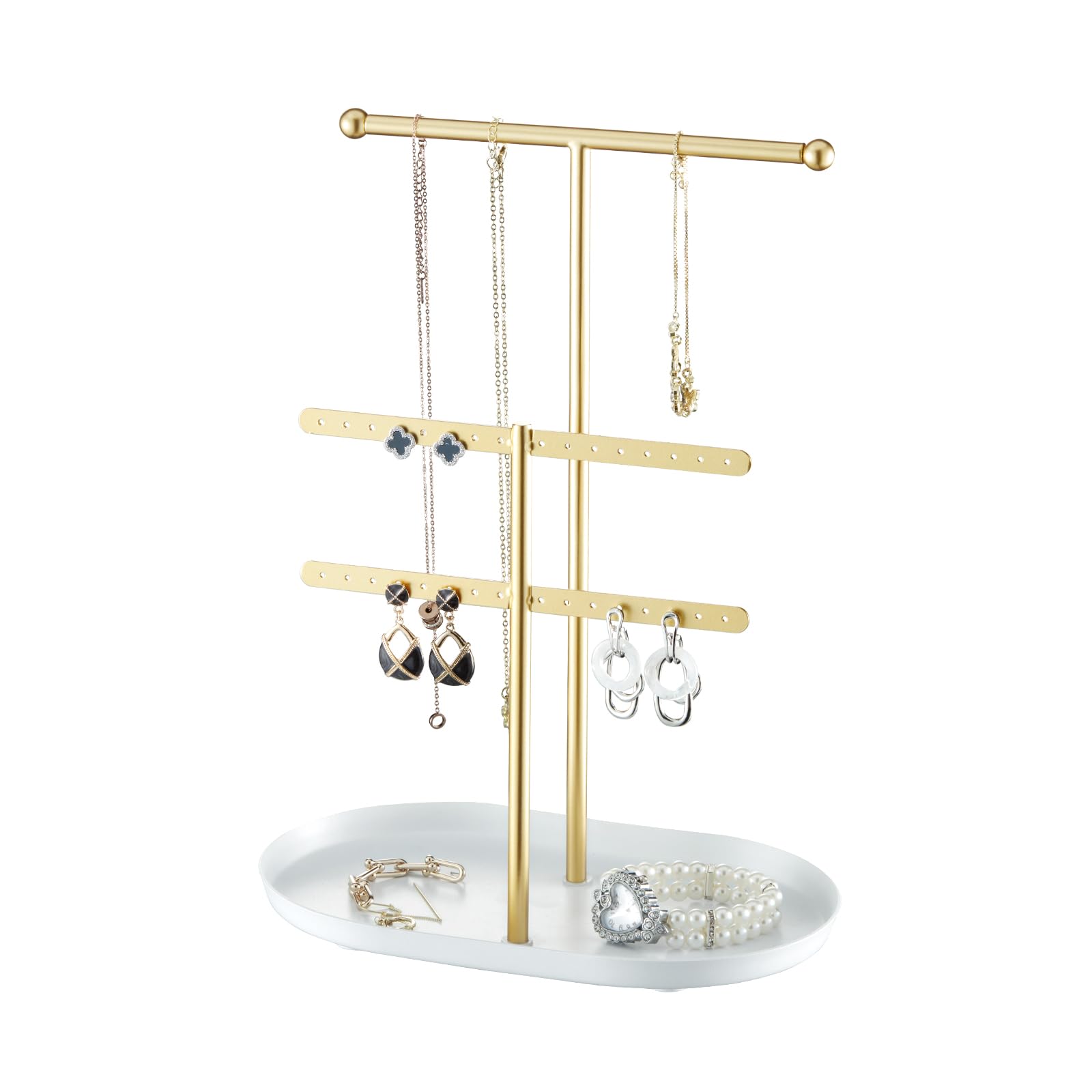 Elegant Jewelry holder Organizer 2-Tier Display Storage Stand for Earrings Necklaces with Ring Tray Spacious and Durable, Easy to Assemble & Gold