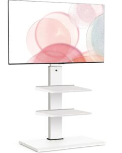 fitueyes iron base universal floor tv stand with swivel mount space saving for 26-65 inch led lcd oled plasma flat panel or curved screen tvs height adjustable wire management with 2 shelves white