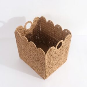 Scalloped Wicker Storage Cubes Basket, 12x12 Heavy Duty Hyacinth Baskets for Shelves, Foldable Natural Boho Square Bins (Renewable Paper Rope 4Pcs, 12x12in)