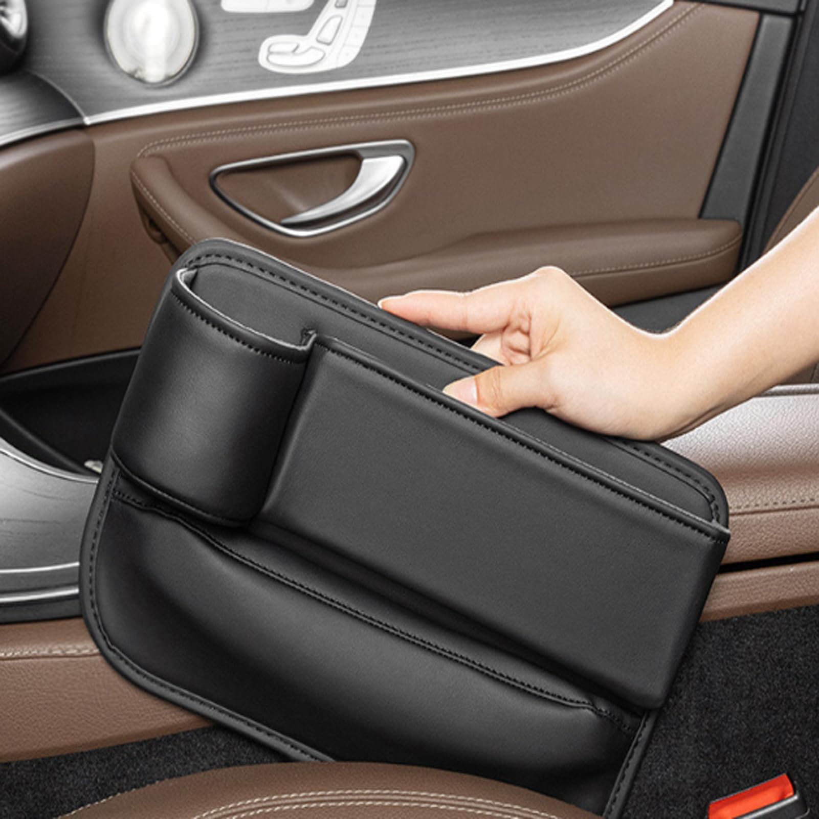 Jessena Car Leather Cup Holder Gap Bag, Adjustable Car Seat Storage Box, Car Seat Storage Box with Cup Holder, Leather Car Seat Storage Box, Seat Gap Storage Box (Black,Driver Seat)