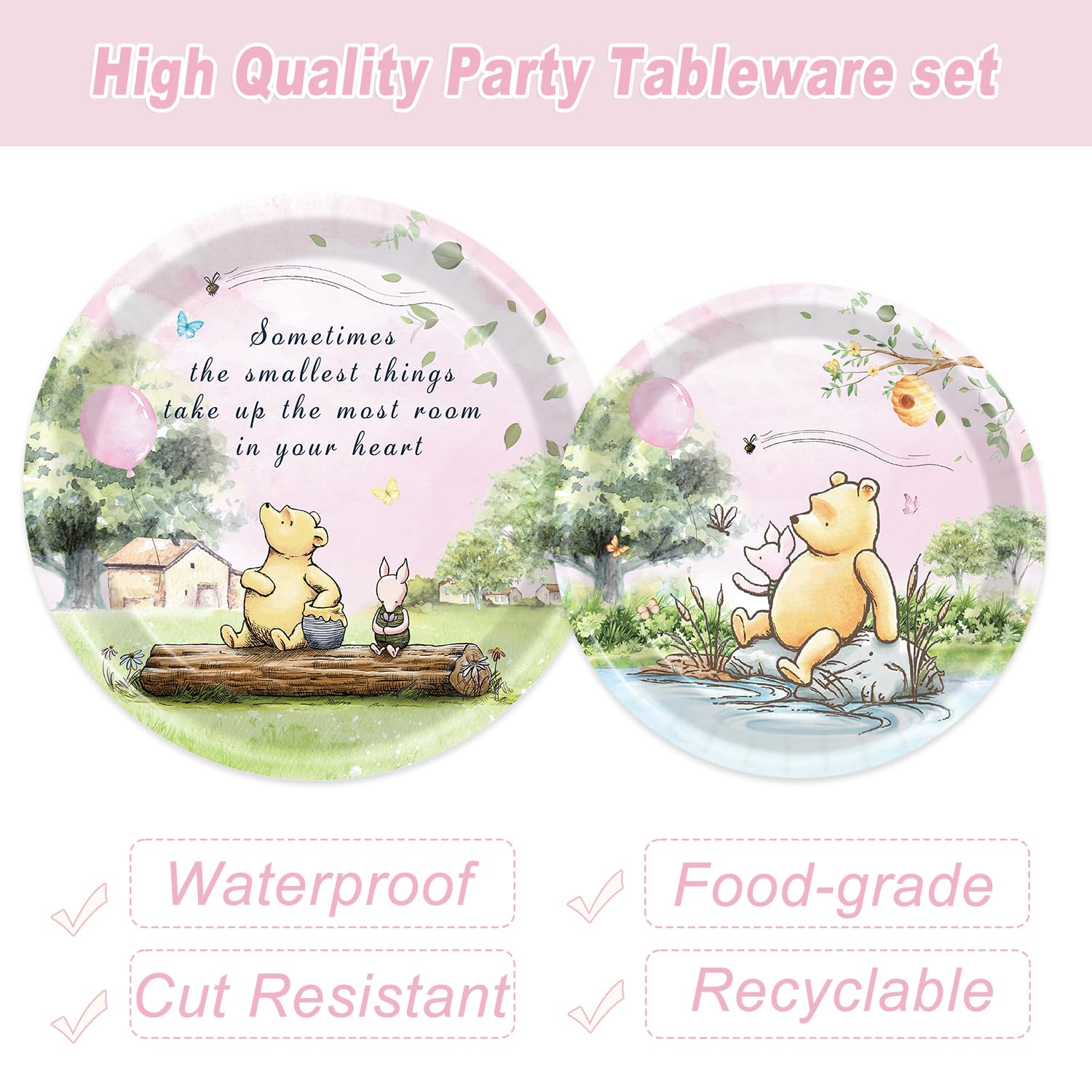 Pink Winnie Baby Shower Party Supplies Classic Bear 1st Party Decorations for Kids Girls Birthday Neutral the Pooh Themed Plates Napkin Cups Disposable Tableware Set Serves 20 Guests