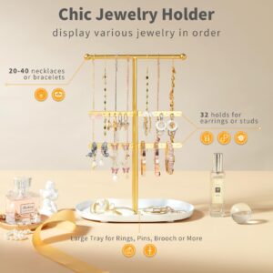 Elegant Jewelry holder Organizer 2-Tier Display Storage Stand for Earrings Necklaces with Ring Tray Spacious and Durable, Easy to Assemble & Gold