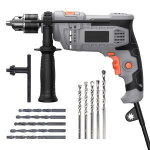 850w electric impact drill, 7-amp hammer drill, 1/2-inch electric hammer drill with 3000rpm, variable speed, 10 drill bits, for concrete floors, walls, bricks, stone