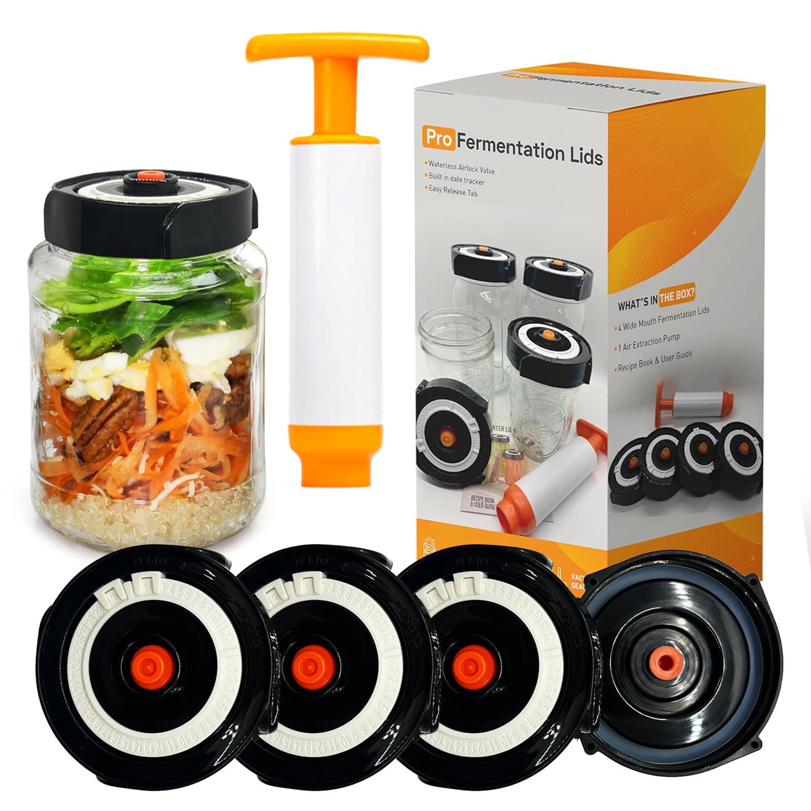 Fermenter lids - Home Fermentation Kit With 4 Wide Mouth Fermenting Lids With Airlocks, Oxygen Extraction Pump, Ideal For Sauerkraut, Kimchi, Pickles & Fermented Vegetable