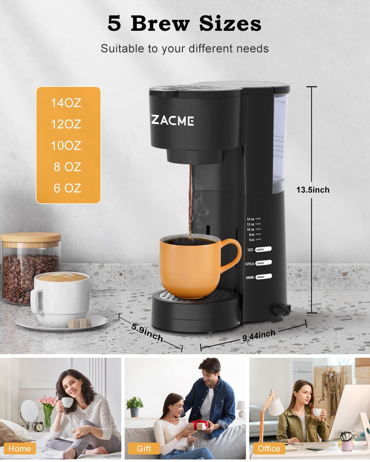 ZACME Single Serve Coffee Maker for K Cups&Ground Coffee with Milk Frother, 3 in 1 Small Single Cup Coffee Machine, 28oz Water Thank, 6 to 14 oz Brew Sizes