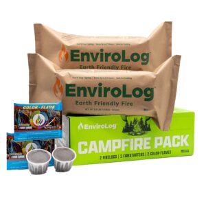 envirolog campfire pack, 2 fire logs, 2 fire starters, and 2 color flames, for indoor or outdoor fireplace, fire pit, bonfire, and camping – safe & sustainable