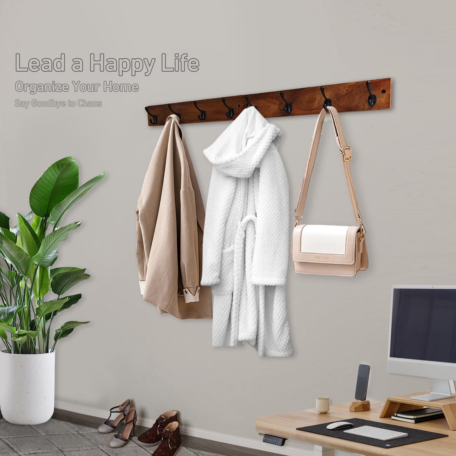 kansata Coat Rack Wall Mount 2 Pack, Wooden Coat Hooks Wall Mounted, Entryway Heavy Duty Coat Hanger for Office Bedroom Bathroom Closet Hanging Coats Hats Bags Keys Purses-8 Hooks