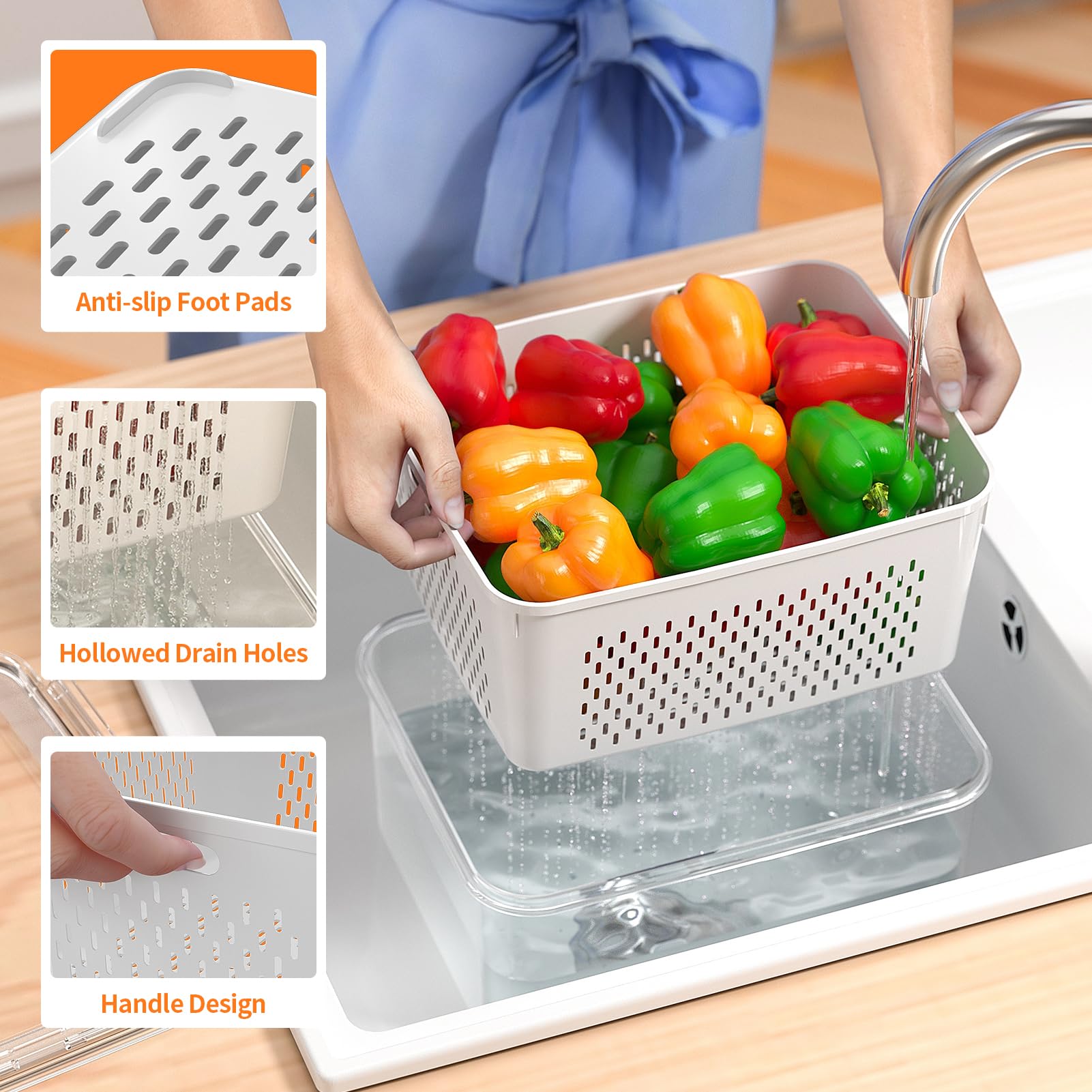 5 PCS Large Fruit Storage Containers for Fridge with Removable Colanders, Airtight Food Storage Containers with 5 Lids, 4 in 1 Produce Containers Keep Berry Fruits Vegetable Food Meat Fresh Longer