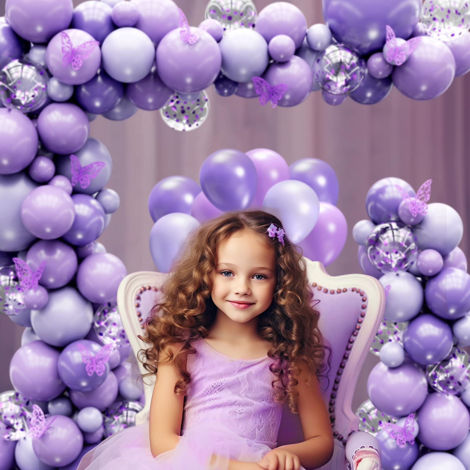 152 PCS Purple Balloons Arch Kit，Lavender Lilac Balloon Purple Metal Balloon and Confetti Balloon 12pcs Piece Butterfly Sticker for Birthday Baby Shower Bridal Shower Wedding Party Decoration