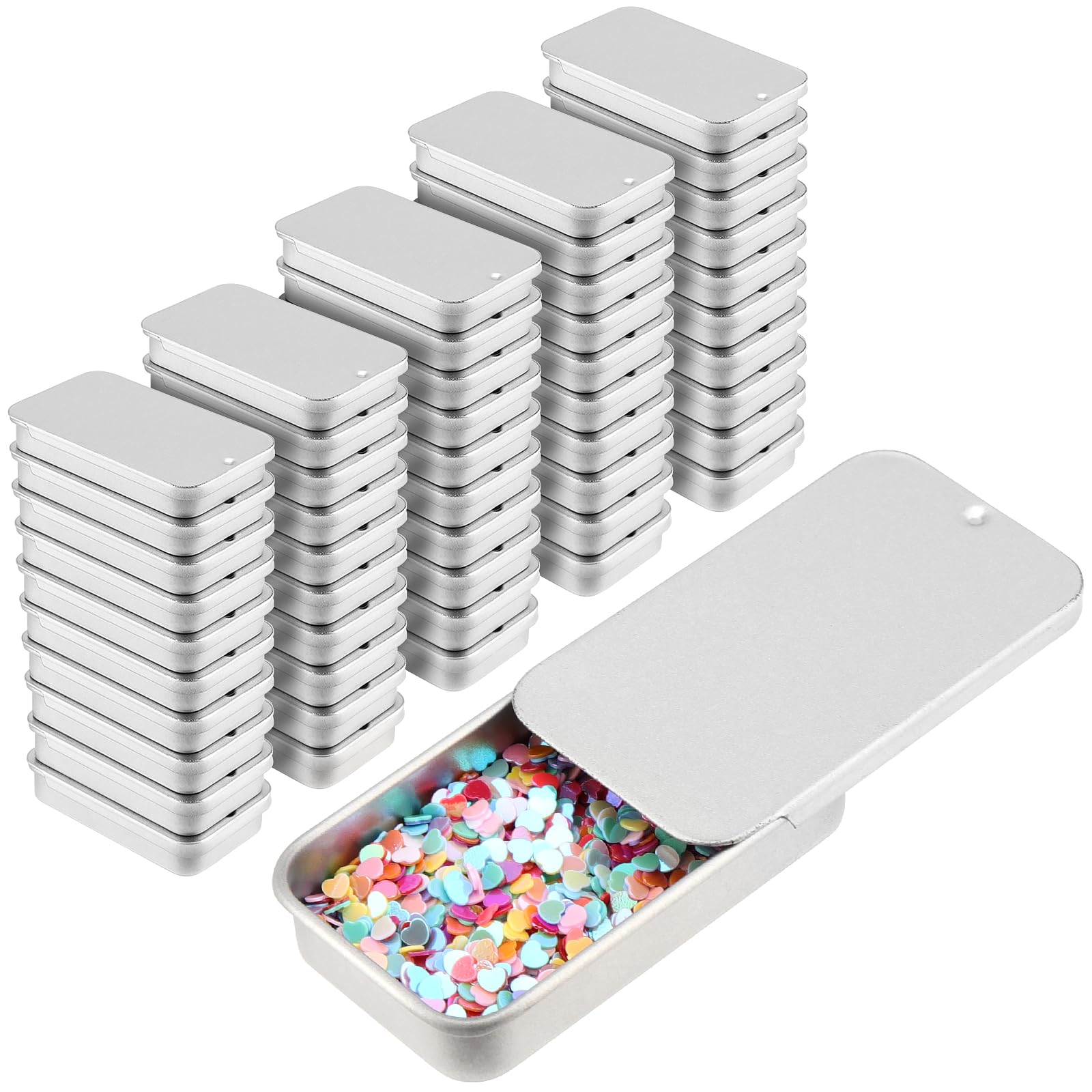 TAICHEUT 50 PCS Slide Top Tin Small, 6 x 3.4 x 1.1 cm Metal Slide Top Tin Rectangular Sliding Lid Tin Box Bulk for Lip Balm, Jewelry, Candies, Crafts Storage