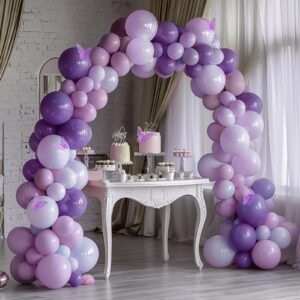 152 PCS Purple Balloons Arch Kit，Lavender Lilac Balloon Purple Metal Balloon and Confetti Balloon 12pcs Piece Butterfly Sticker for Birthday Baby Shower Bridal Shower Wedding Party Decoration