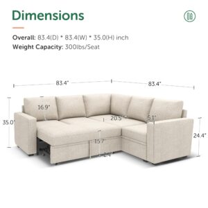 HONBAY Modular Sectional Sleeper Sofa with Pull Out Bed, L Shaped Sectional Couch with Storage Seat, Convertible Sectional Couches for Living Room, Beige