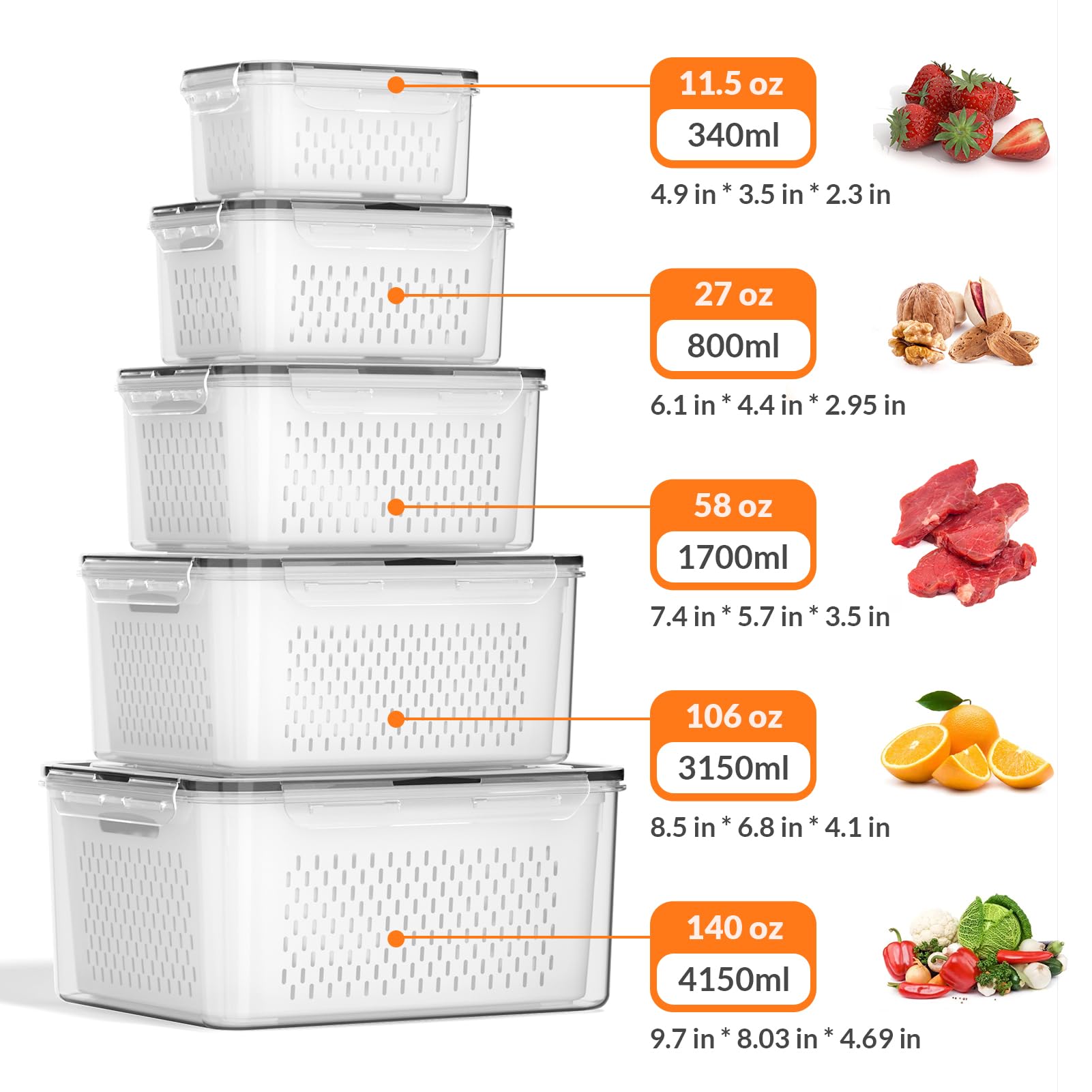 5 PCS Large Fruit Storage Containers for Fridge with Removable Colanders, Airtight Food Storage Containers with 5 Lids, 4 in 1 Produce Containers Keep Berry Fruits Vegetable Food Meat Fresh Longer