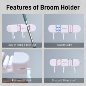 AACGIN Broom Holder Wall Mount with 2 Slots & 3 Hooks Heavy Duty Garden Tool Organizer Broom Holder for Home Laundry Room Kitchen Closet Shed Garage Organization and Storage - White