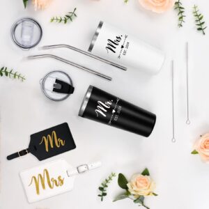 DHQH Personalized Mr and Mrs EST 2024 Gift Stainless Steel Travel Tumbler & Leather Luggage Tag Set - Wedding Gifts for Couples 2024- Perfect Newlywed, Engagement, and Bridal Shower Gifts