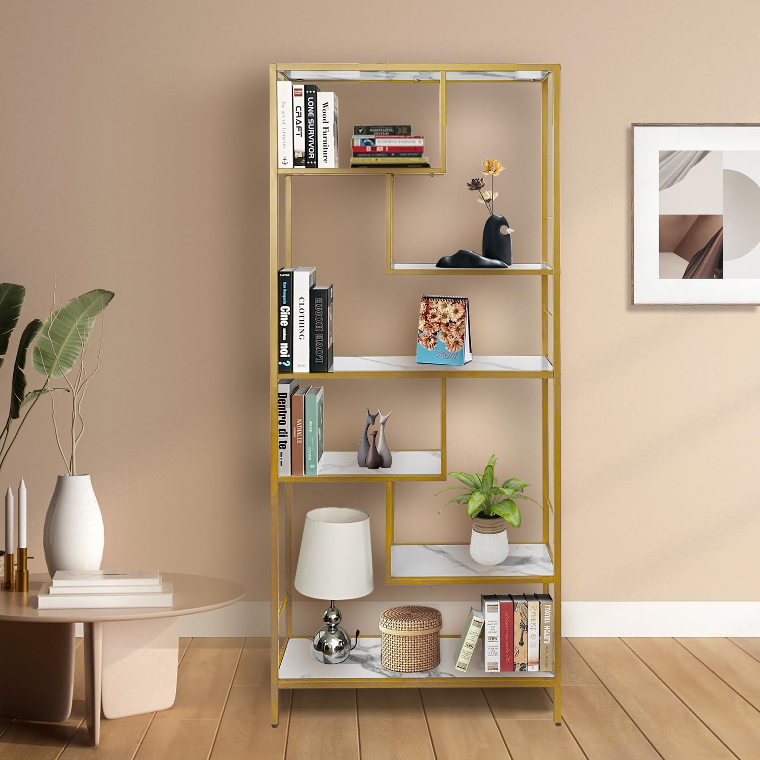 AT-VALY 6 Tier Bookcase Bookshelf, 72.4”Tall Modern Freestanding Bookshelf with 6 Shelves, Faux Marble Open Display Storage Book Shelves for Living Room Bedroom Home Office (Gold)