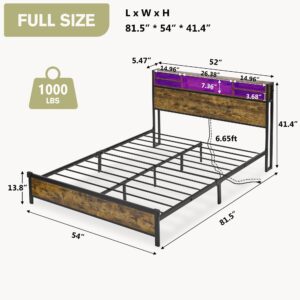 Full Size Bed Frame with Charging Station and Led Lights, Metal Platform Bed with Bookcase Storage Headboard, Heavy Duty Metal Slats, No Box Spring Needed, Easy Assembly, Noise-Free