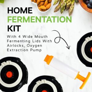 Fermenter lids - Home Fermentation Kit With 4 Wide Mouth Fermenting Lids With Airlocks, Oxygen Extraction Pump, Ideal For Sauerkraut, Kimchi, Pickles & Fermented Vegetable